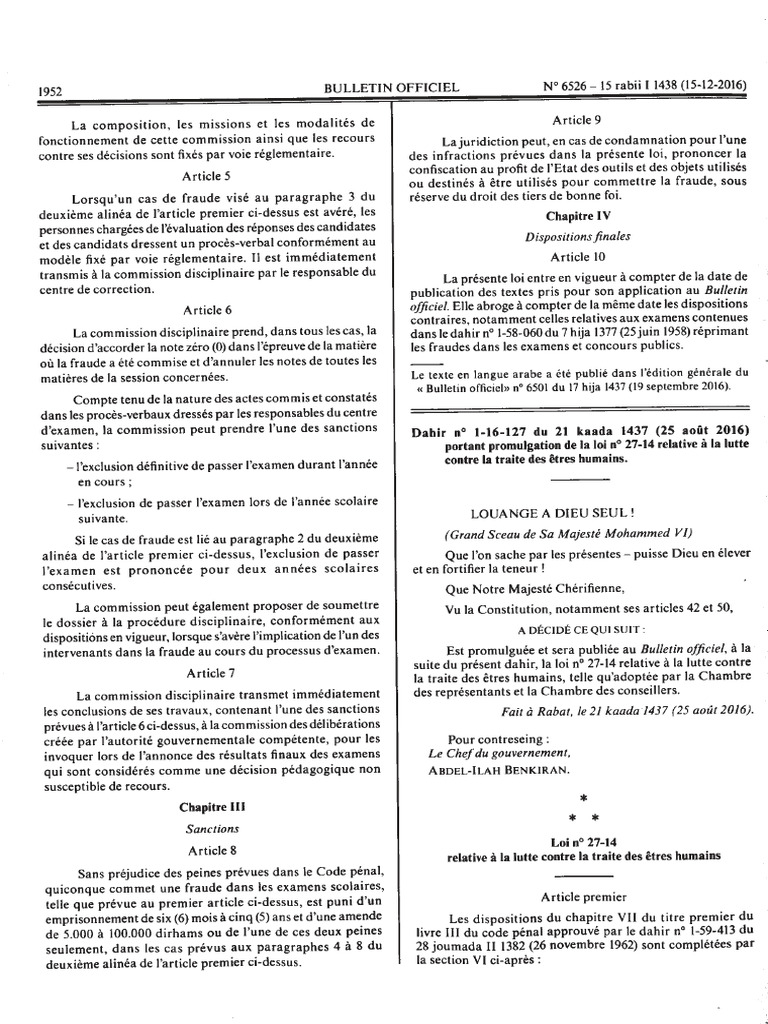 1- Loi 27-14 Sur La Traite Des Etres Humains | PDF 1- Loi 27-14 Sur La Traite Des Etres Humains | PDF