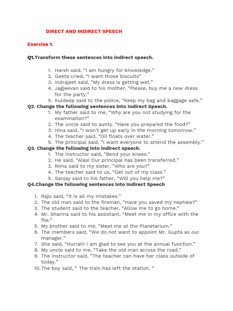 'Exercises On Direct and Indirect. | PDF | Language Arts & Discipline