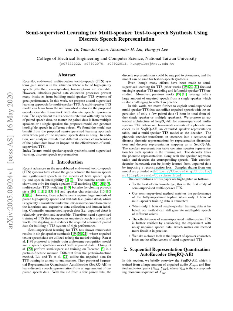 Semi-Supervised Learning For Multi-Speaker Text-To-Speech Synthesis Using Discrete Speech ...