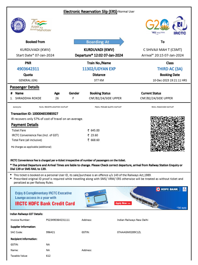 11302/UDYAN EXP Third Ac (3A) | PDF | Identity Document