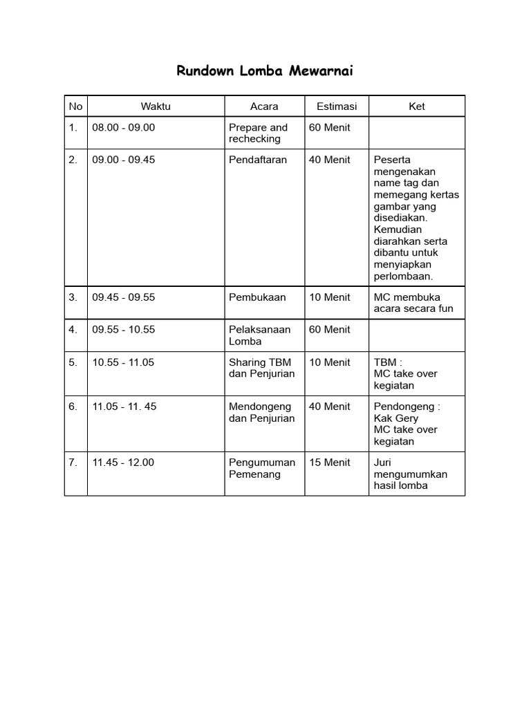 Rundown Lomba Mewarnai | PDF