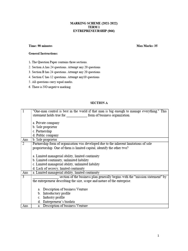 CBSE Class 12 (Term-1) Entrepreneurship Marking Scheme Question Paper 2021-22 | PDF
