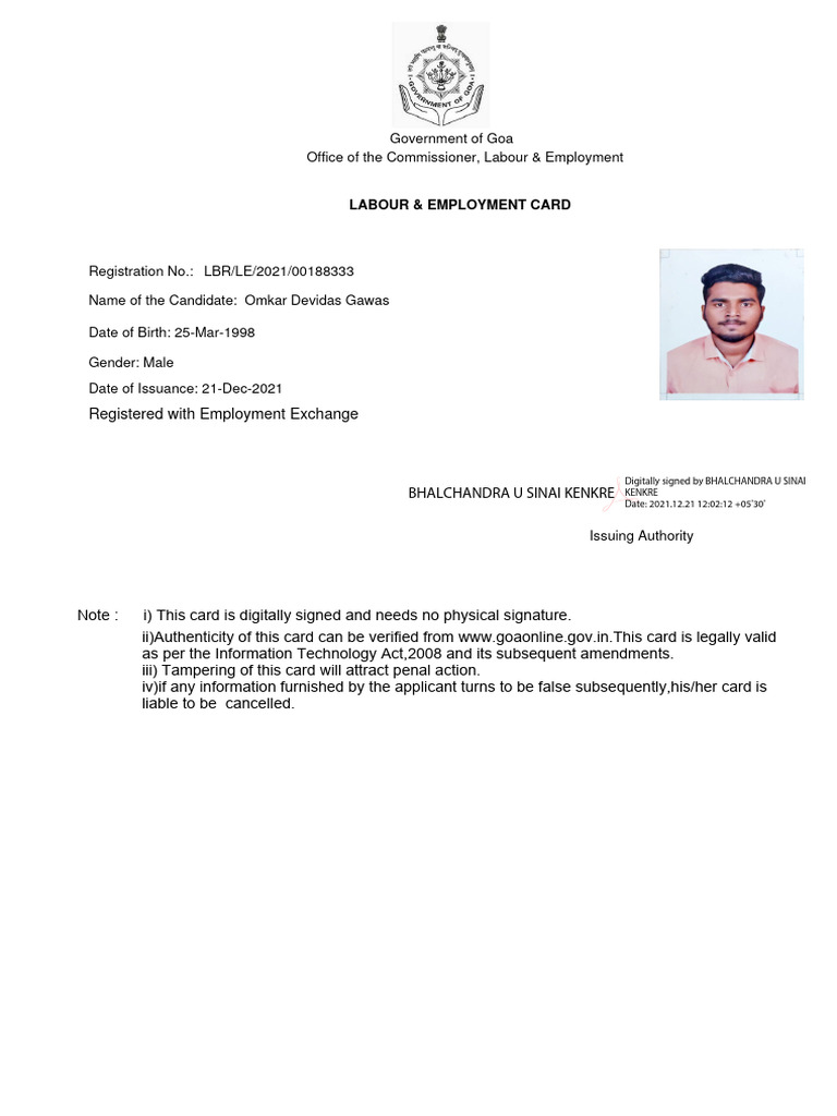 Goa Labour Employment Card Details | PDF