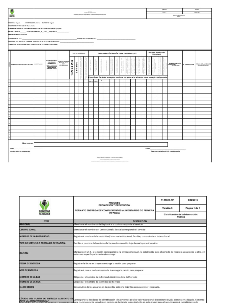 f1.Mo13.Pp Formato Entrega de Complementos Alimentarios de Primera Infancia v3 0 | PDF ...