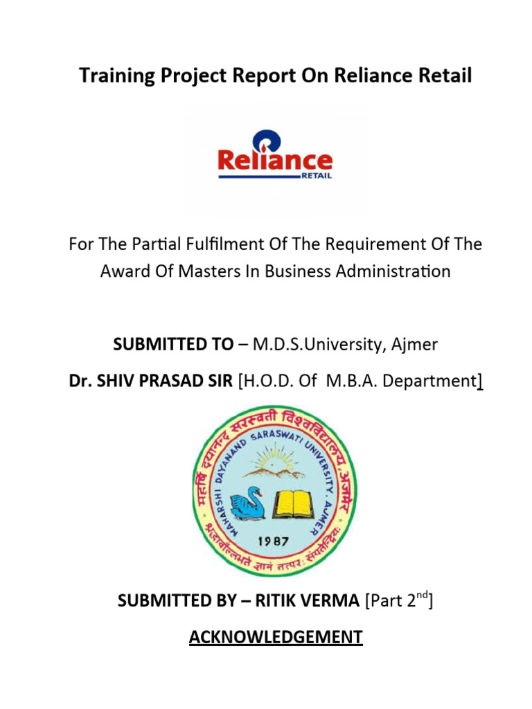 Reliance Retail Project Report for MBA | PDF | Retail | Private Sector