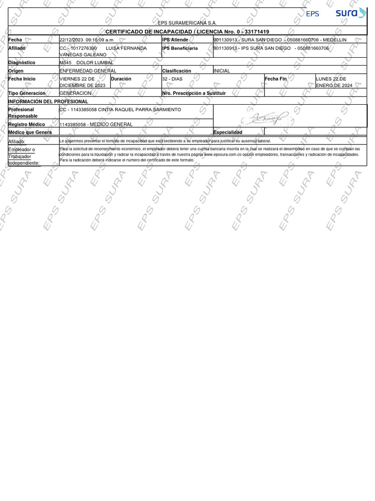 Certificado EPS SURA LUISA VANEGAS | PDF