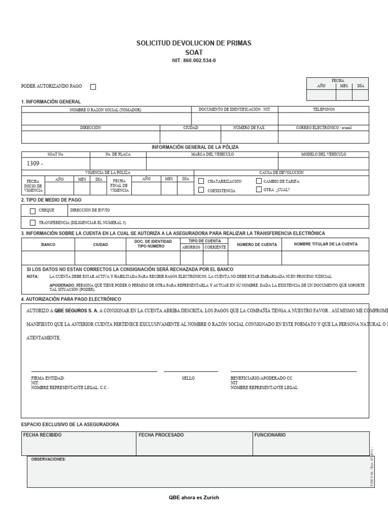 Solicitud Devolución de Primas SOAT | PDF