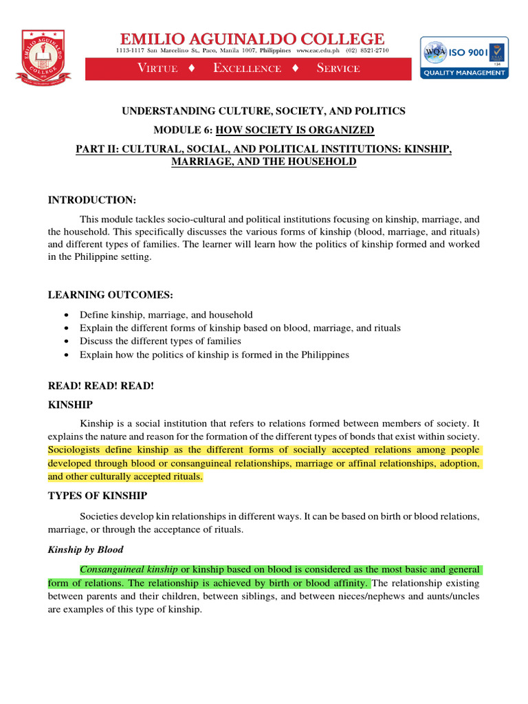 Content 2 - Cultural, Social, and Political Institutions Kinship ...