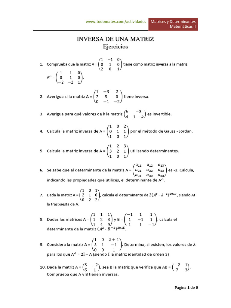 Inversa de Una Matriz Ejercicios | PDF
