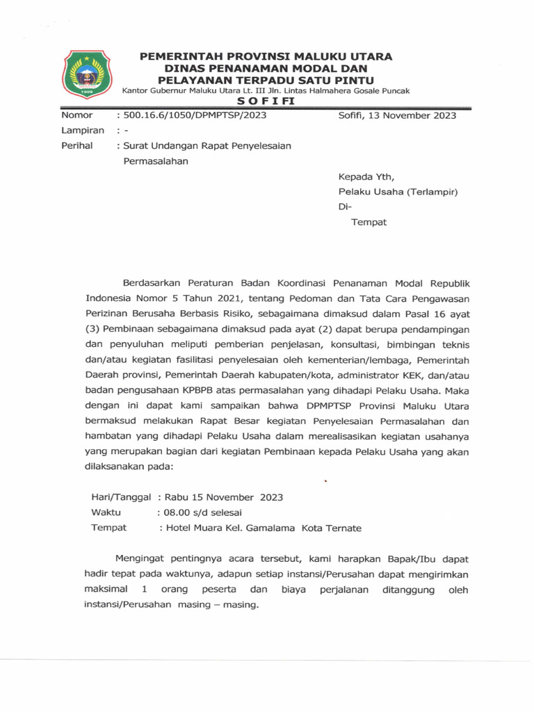 Surat Undangan Rapat Penyelesaian Masalah 2023 | PDF