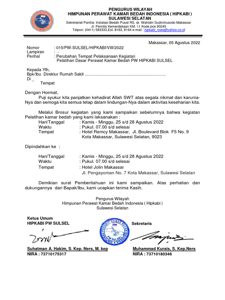 Perubahan Lokasi Pelatihan HIPKABI | PDF | Kesehatan Holistik