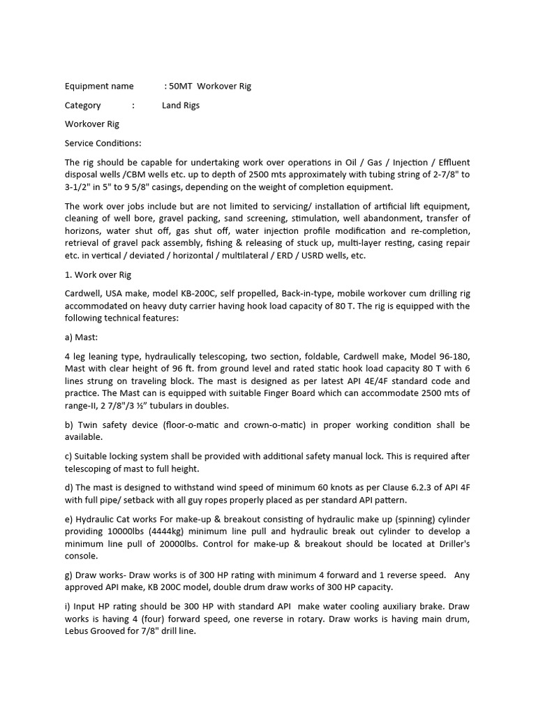 50 T Rig Spec | PDF | Pipe (Fluid Conveyance) | Pump