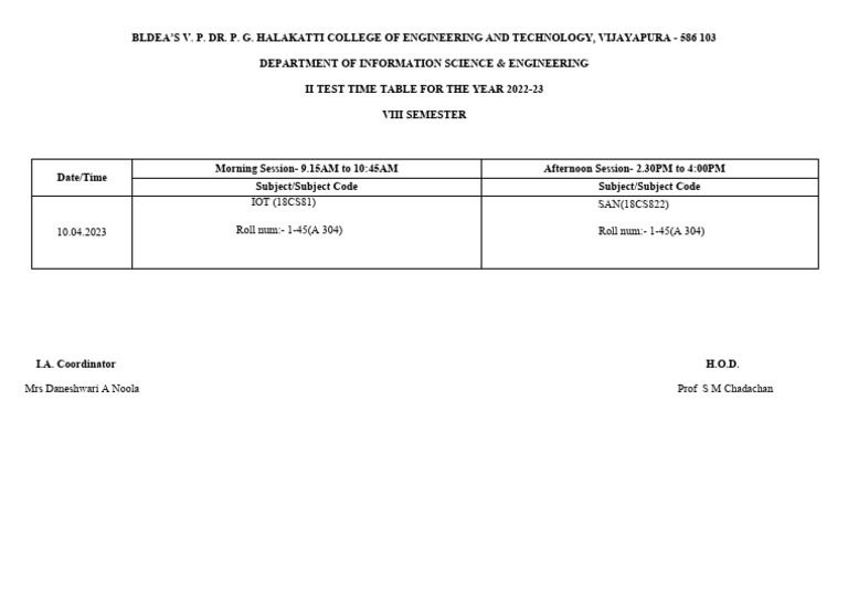 8THSEM 2nd IA TIMETABLE STUDENT DISPLAY 22-23 | PDF