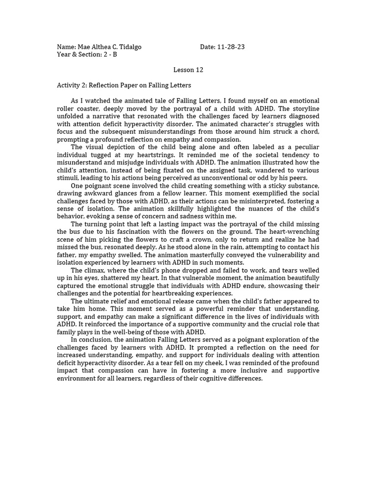 Chapter 12 Reflection | PDF | Attention Deficit Hyperactivity Disorder | Empathy