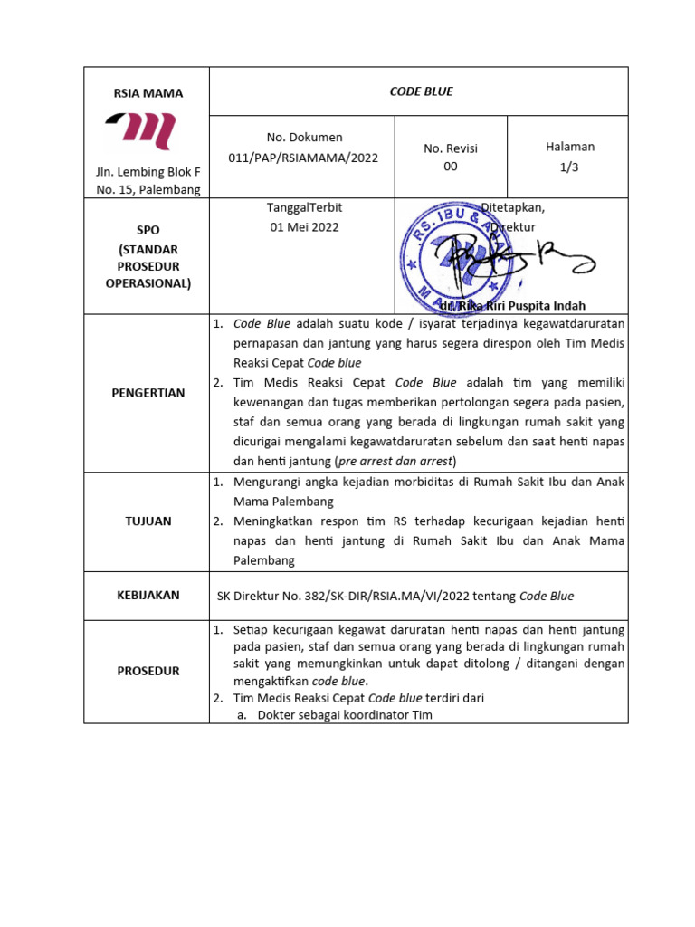 Prosedur Code Blue RSIA Mama | PDF