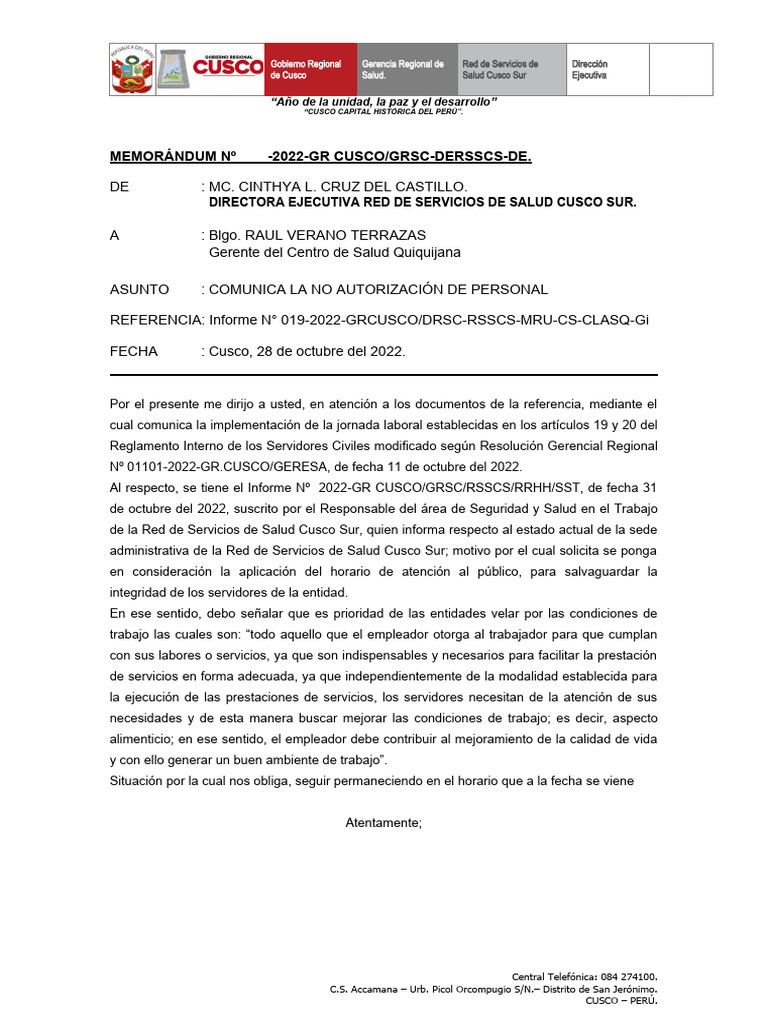 memorandum de no autorizacion | PDF