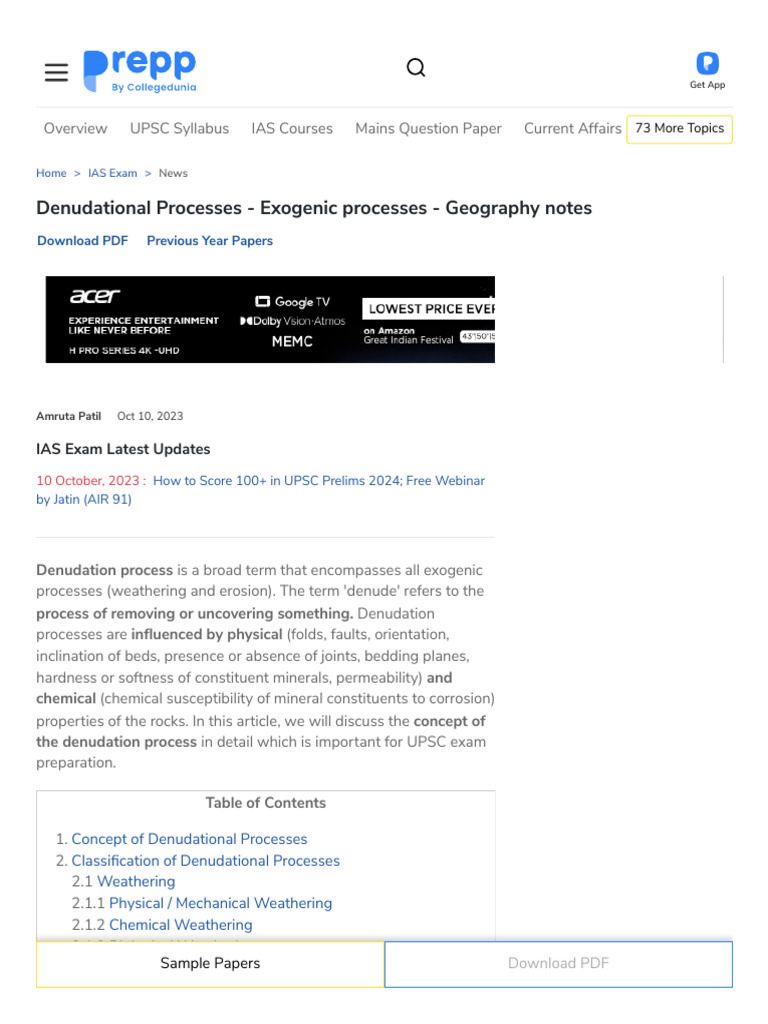 Denudational Processes - Exogenic Processes | PDF