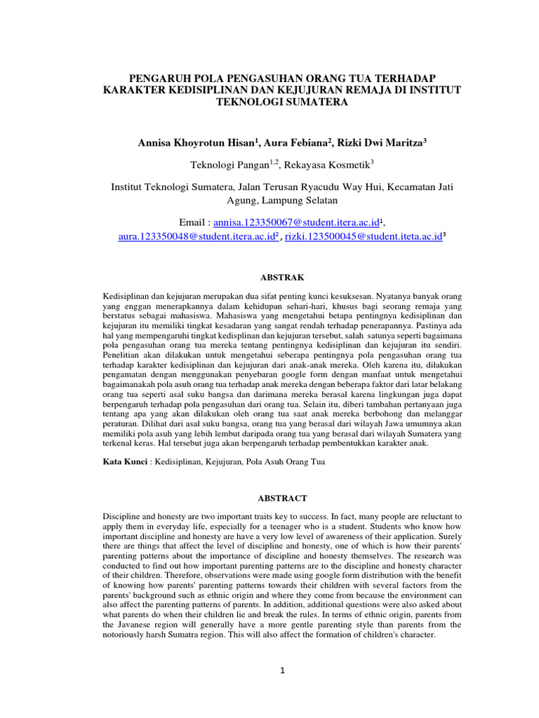 Pengaruh Pola Pengasuhan Orang Tua Terhadap Karakter Kedisiplinan Dan Kejujuran Remaja Di ...