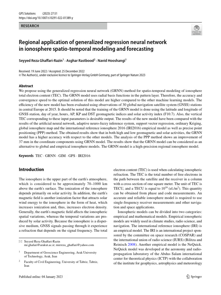 Regional Application of Generalized Regression Neural Network in Ionosphere Spatio Temporal ...