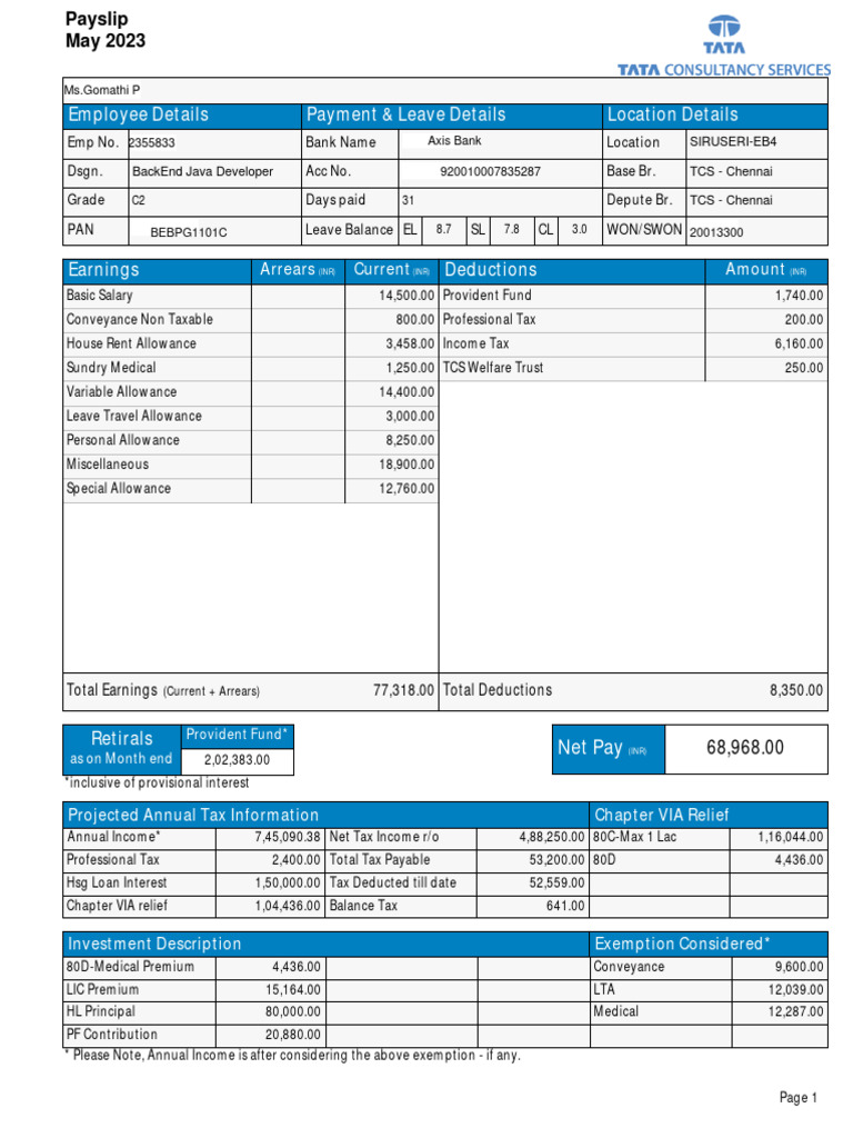 TCS Salary Slip Overview for May 2023 | PDF