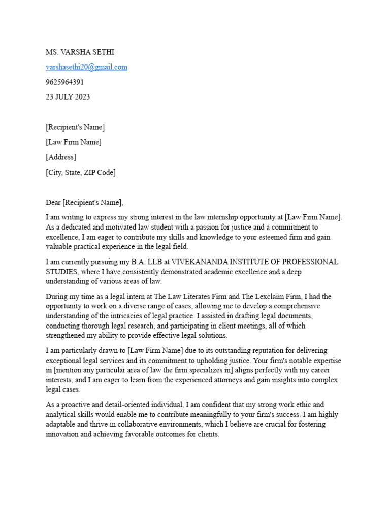 Cover Letter | Download Free PDF | Law Firm | Internship