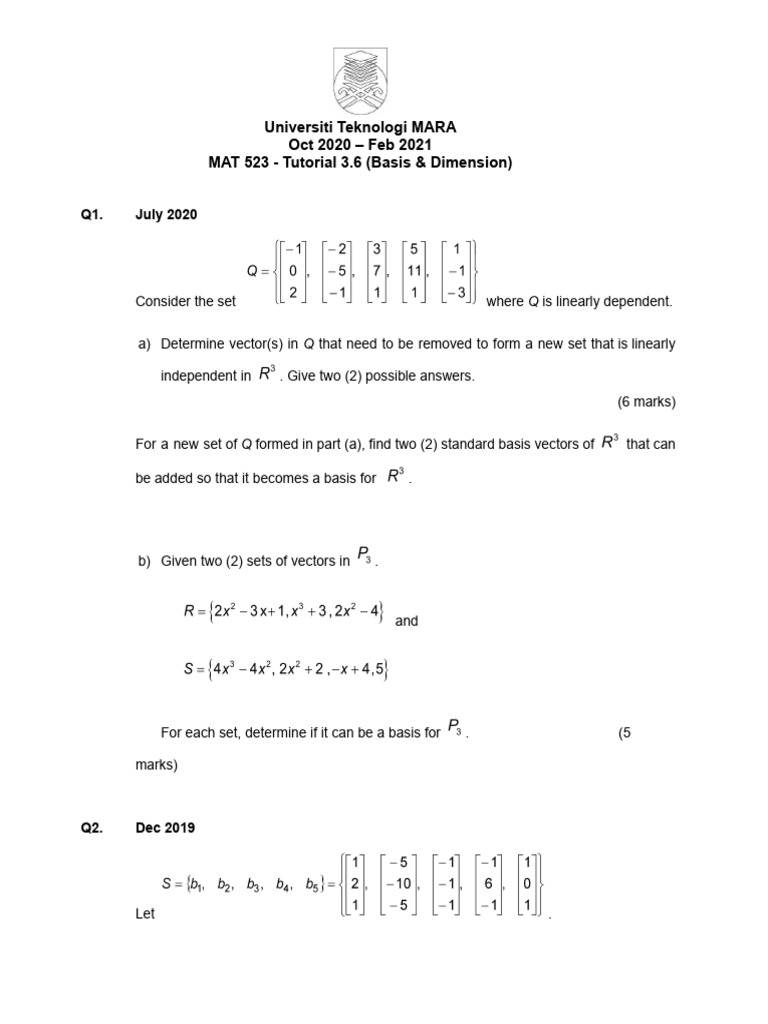 Tutorial 3.6 Basis & Dimension& PLUS MINUS THEOREM | PDF