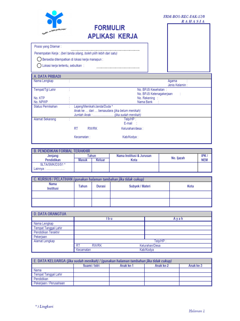 Formulir Aplikasi Kerja Lengkap | PDF