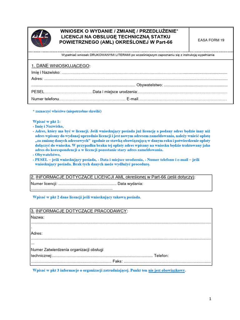 Instrukcja Wypełniania Wniosku EASA FORM 19 | PDF