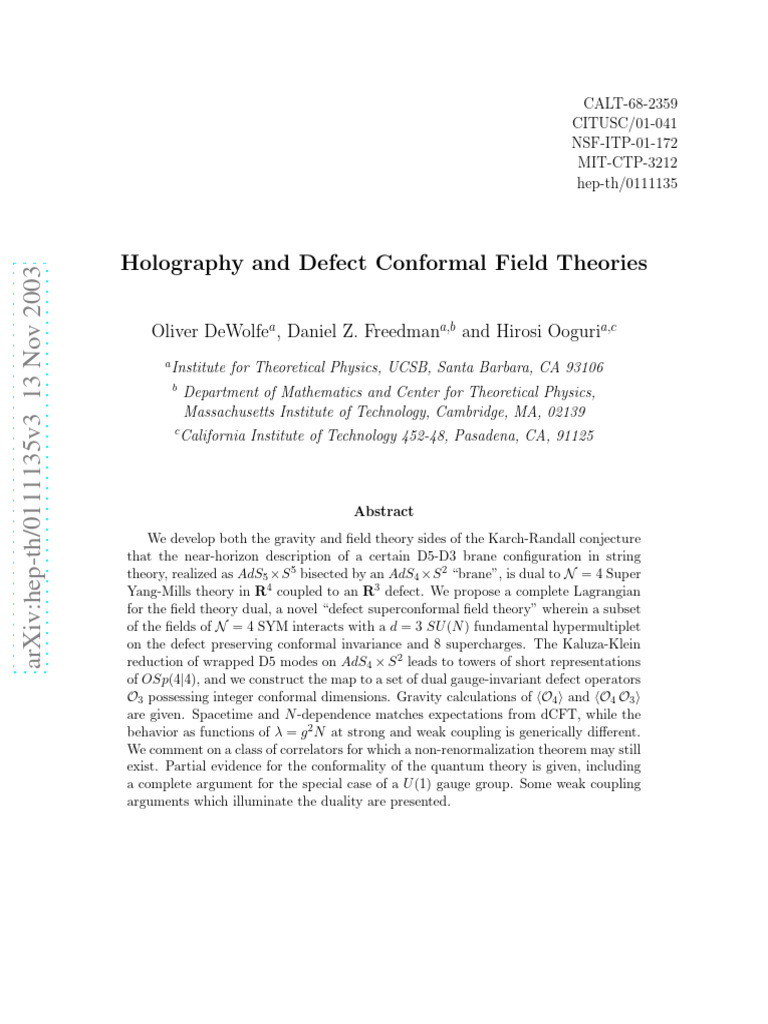 DeWolfe, O. - Holography and Defect Conformal Field Theories | PDF | String Theory | Gauge Theory