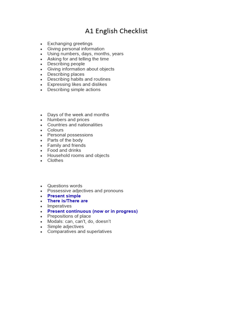 A1 English Vocabulary Checklist | PDF | Language Arts & Discipline
