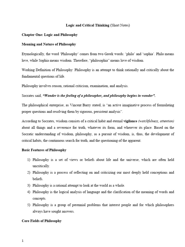 Logic and Critical Thinking Short Notes | PDF | Knowledge | Argument