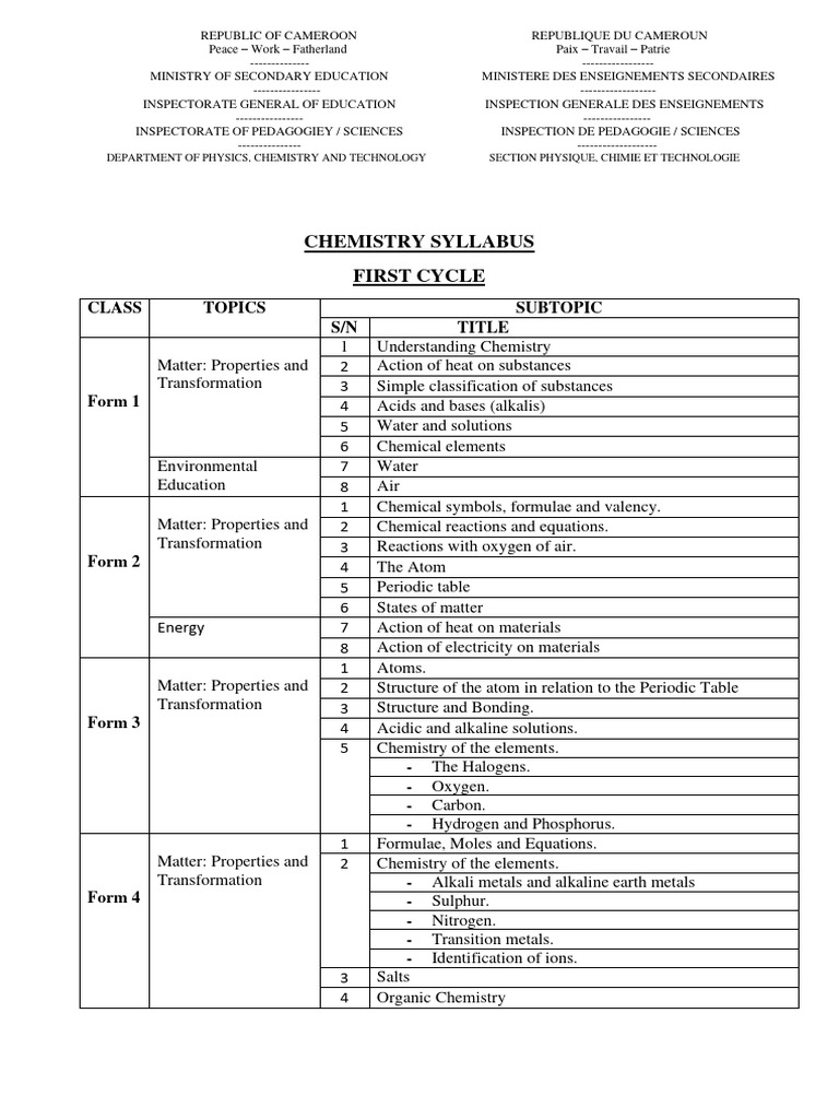 Cameroon Chemistry Syllabus Overview | PDF