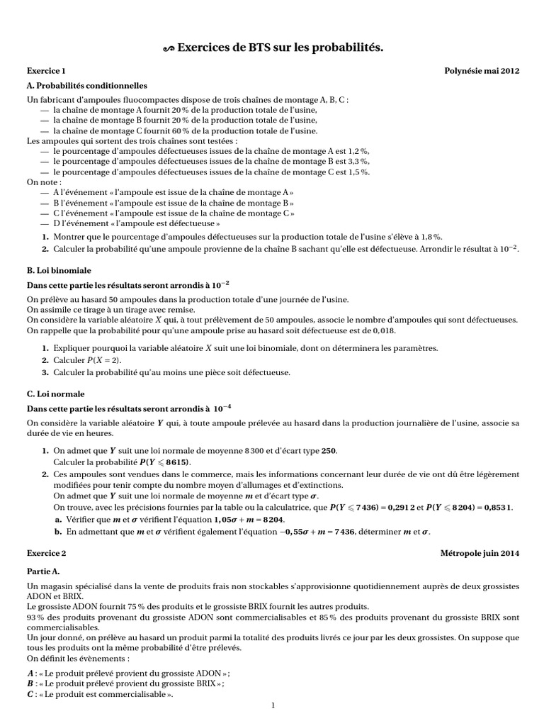 Exercices BTS Probabilités et Statistiques | PDF
