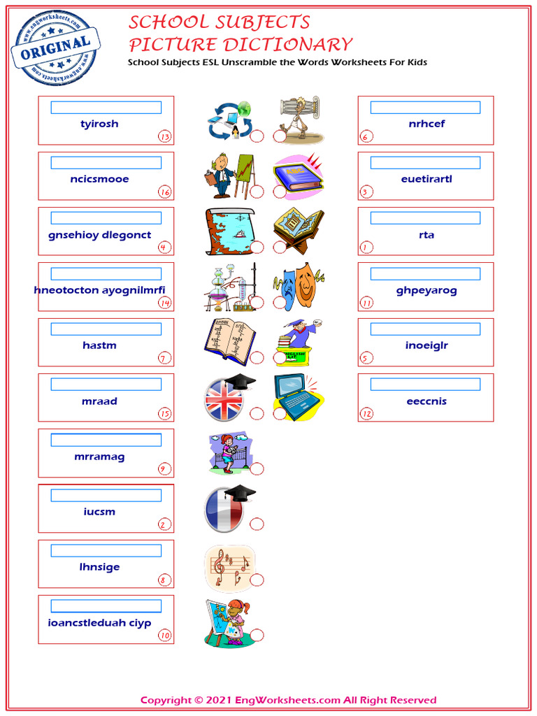 School Subjects Esl Unscramble The Words Worksheets For Kids 9873 | PDF ...