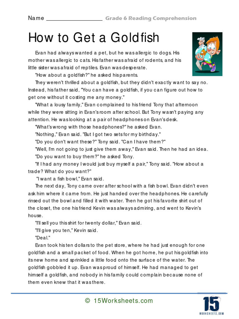 How To Get A Goldfish: Grade 6 Reading Comprehension | PDF