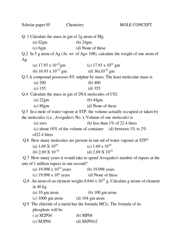 Mole Concept Practice Questions | PDF | Mole (Unit) | Molecules