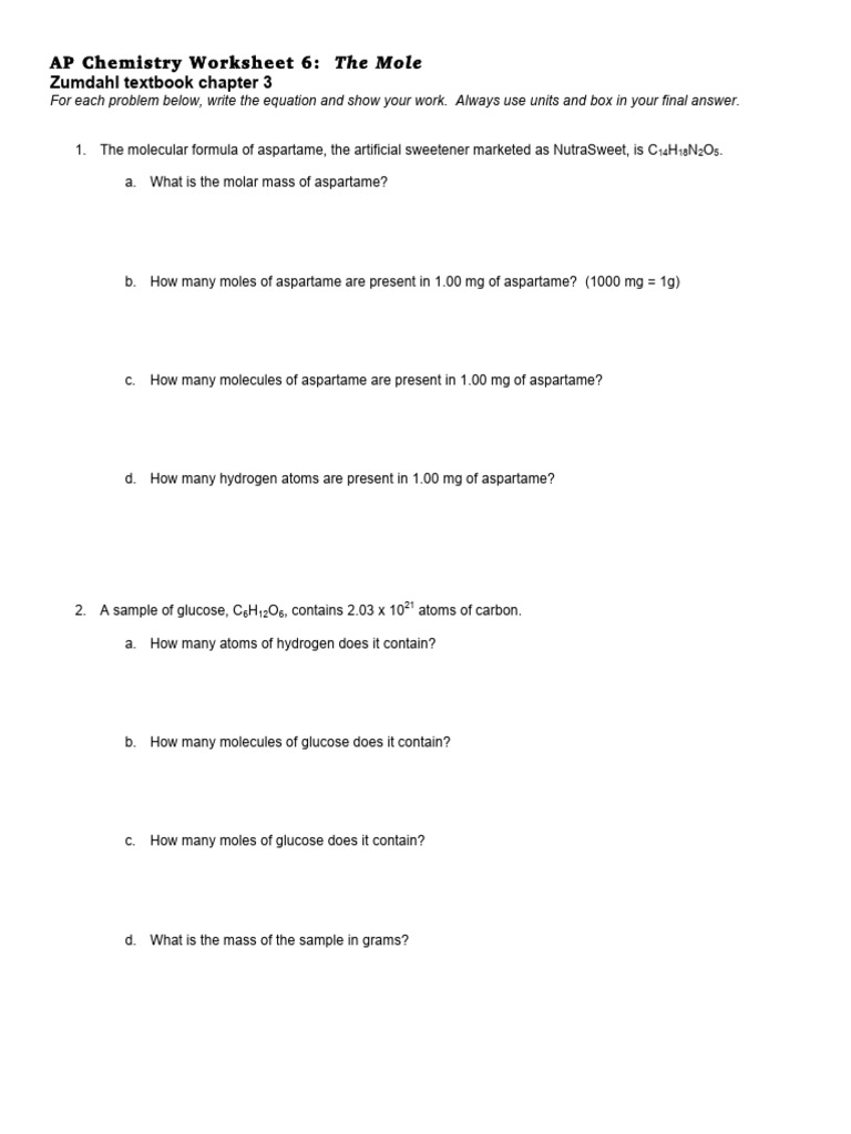 AP Chemistry Mole Calculation Worksheet | PDF | Science & Mathematics