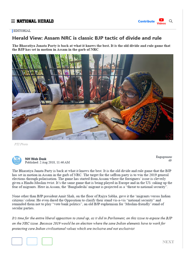 Herald View - Assam NRC Is Classic BJP Tactic of Divide and Rule | PDF