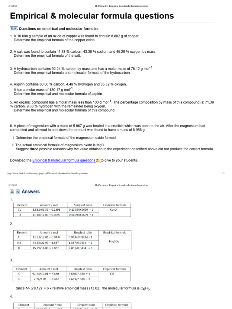 Empirical and Molecular Formala Practice With Answer - 1 | PDF ...