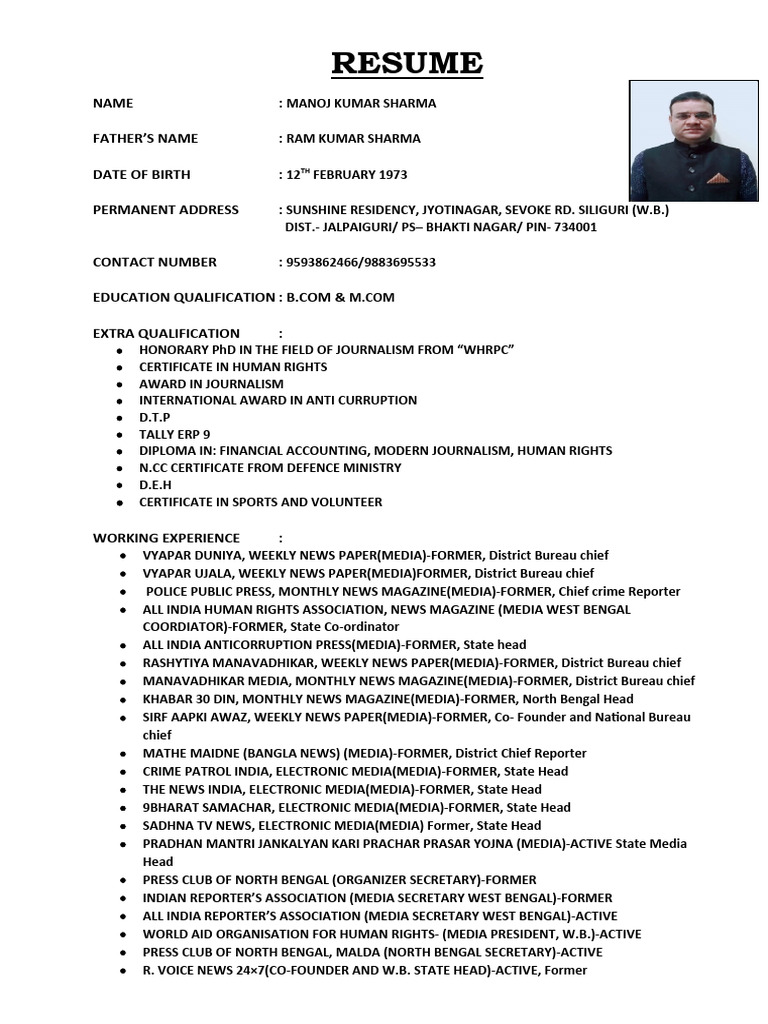 Resume: Name: Father'S Name: Date of Birth: Permanent Address: Contact ...