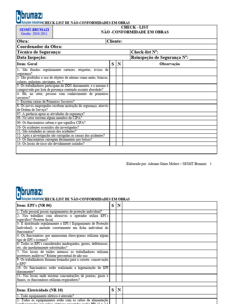 Check-List Obras Padrão | PDF | Guindaste (máquina) | Equipamento