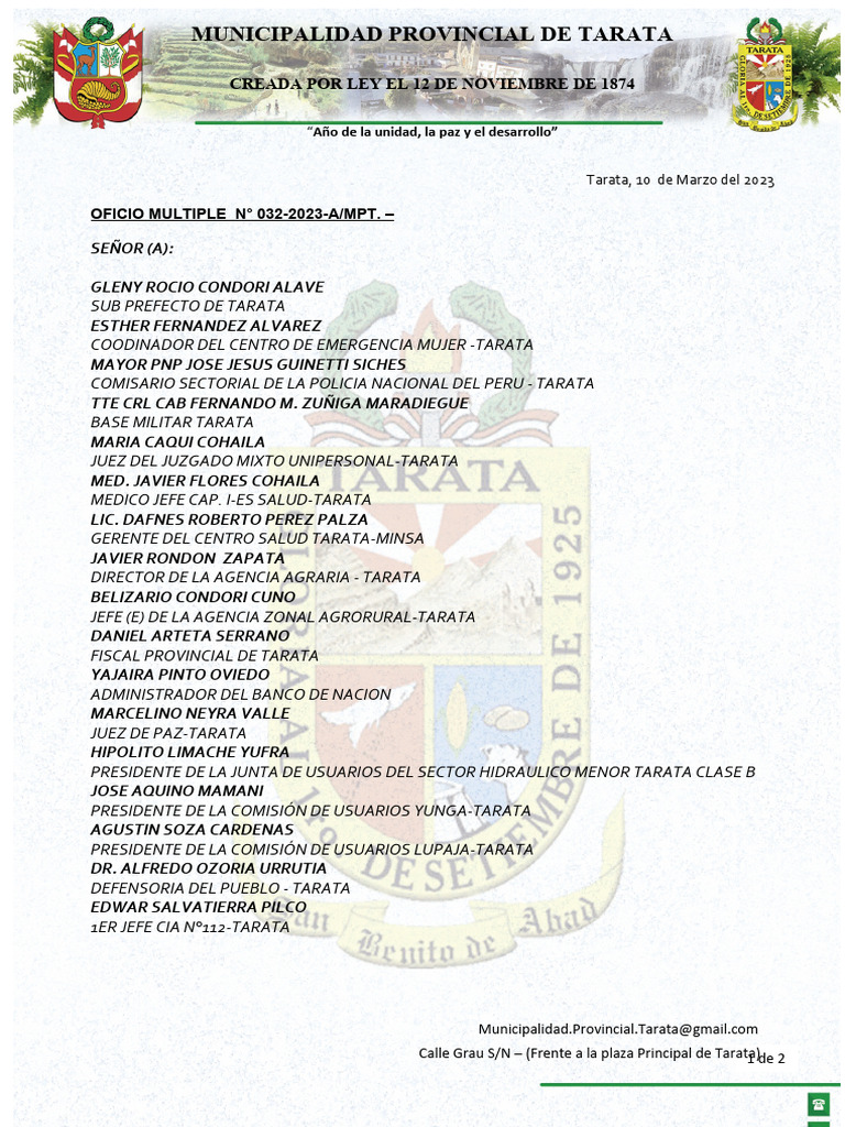 Oficio Multiple #032-2023-A-Mpt | PDF | Gobierno