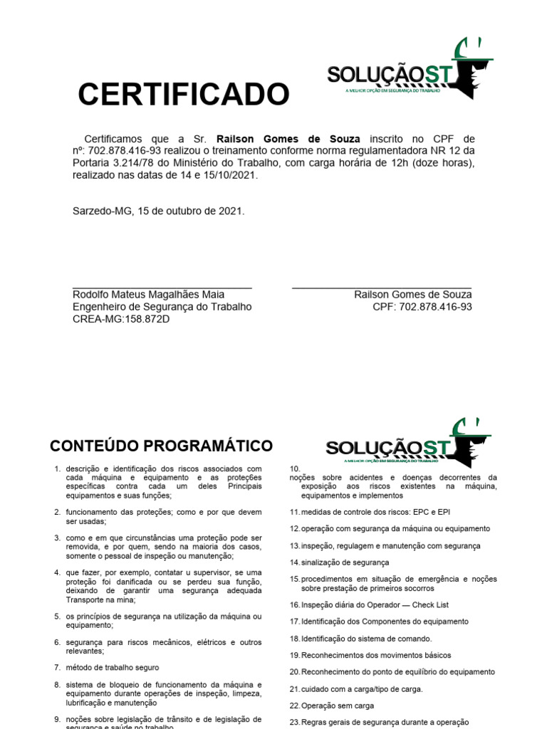 CERTIFICADO NR 12 Modelo | PDF