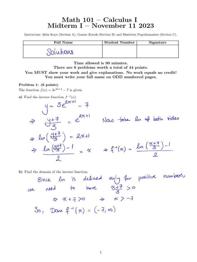 Math101 Midterm1 Solutions | PDF