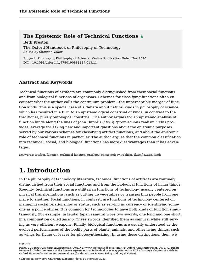 Beth Preston, 2011. Epistemic Role of Technical Functions | PDF ...