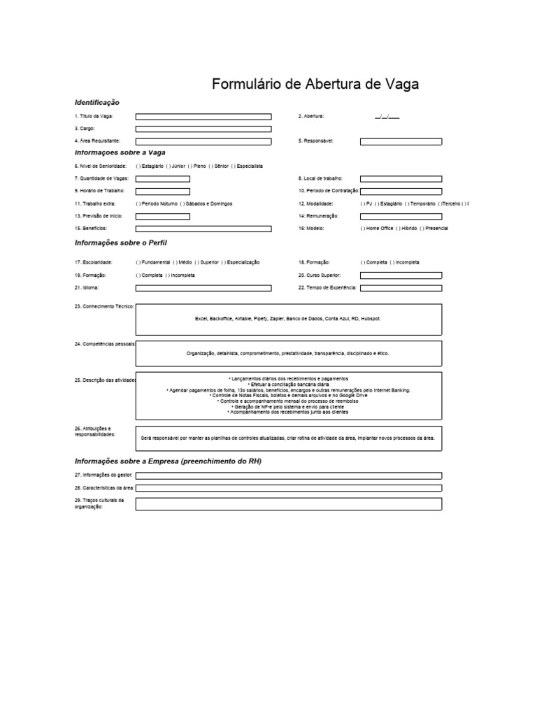 Formulário de Abertura de Vaga | Download grátis PDF | Gestão de ...