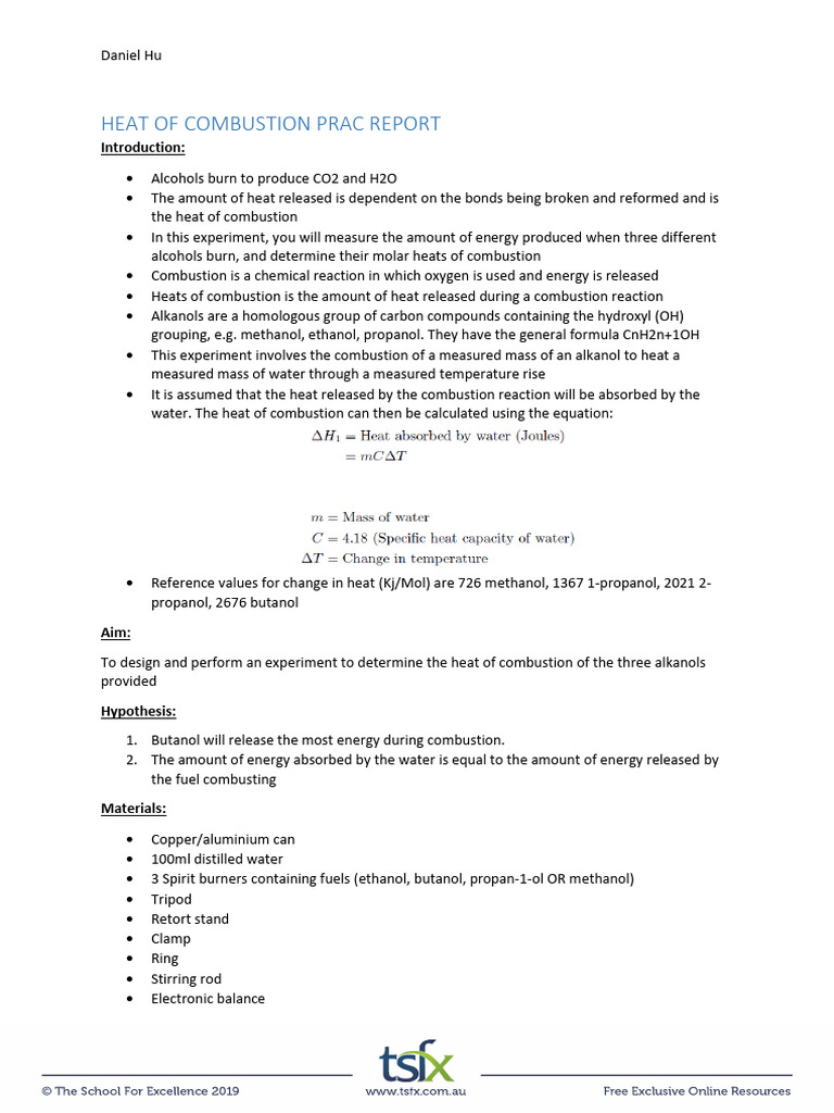 Heat of Combustion Prac Report | PDF | Combustion | Heat