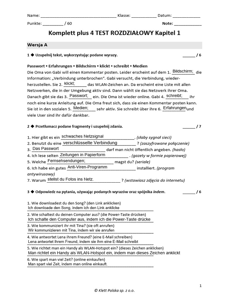 Komplett plus_4_Test_rozdzialowy_Kapitel_1_wersja_A | PDF