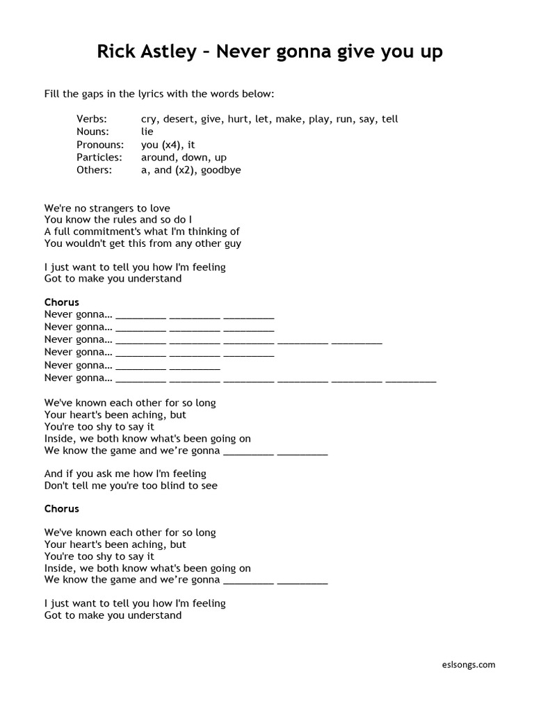 Fill in the Lyrics: Rick Astley Song | PDF | Language Arts & Discipline ...