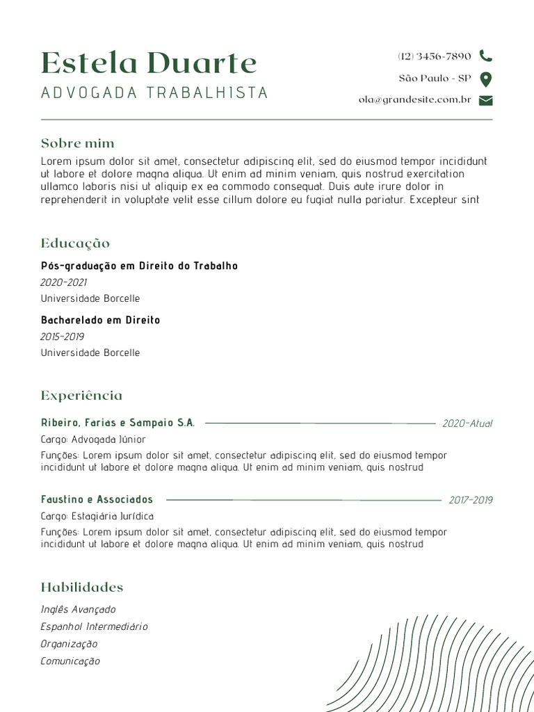 Currículo CV Advogada Corporativo Minimalista Clean Branco e Verde | PDF